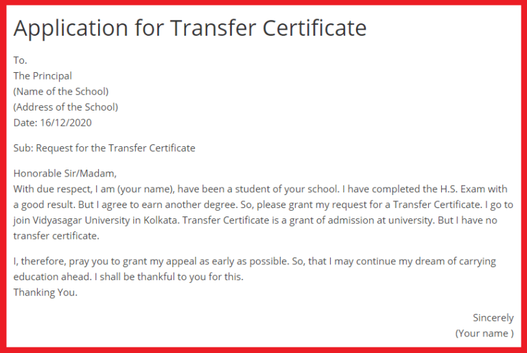 Application For TC | How to write an Application for Transfer ...